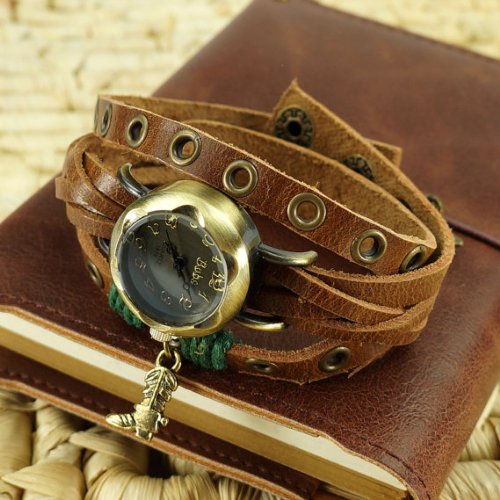 Unisex Vintage Leather Wrap Around Watch With A Cowboy Boot Charm on Luulla